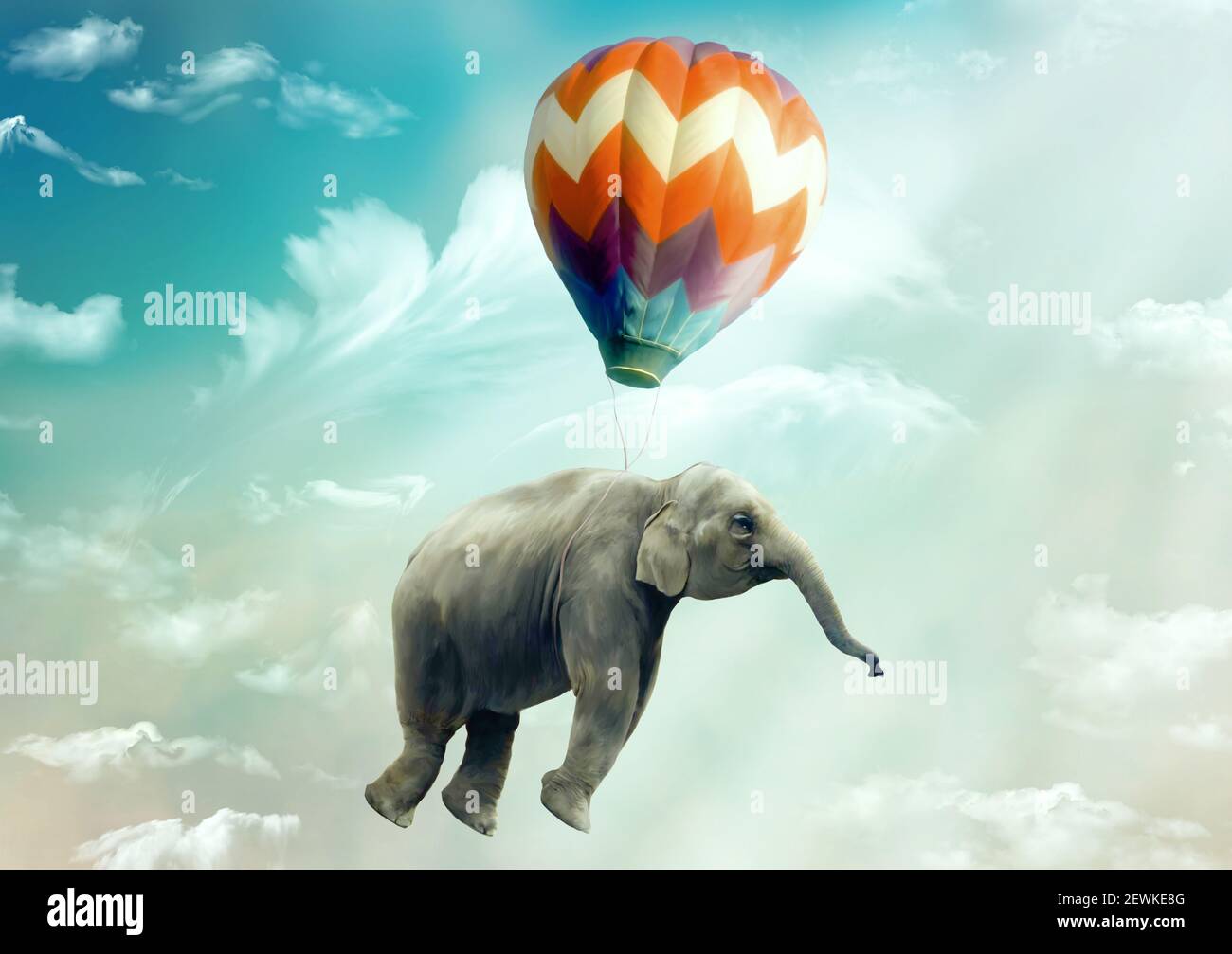 Huge Elephant floating or flying with air balloon with sky and clouds ...