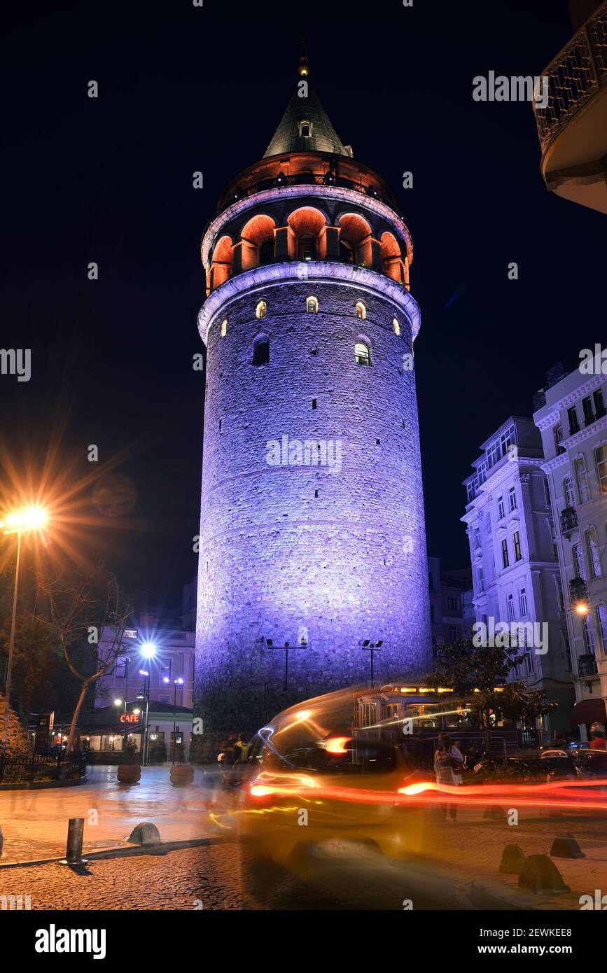 View of the Galata Tower in the historic district in Istanbul at night ...