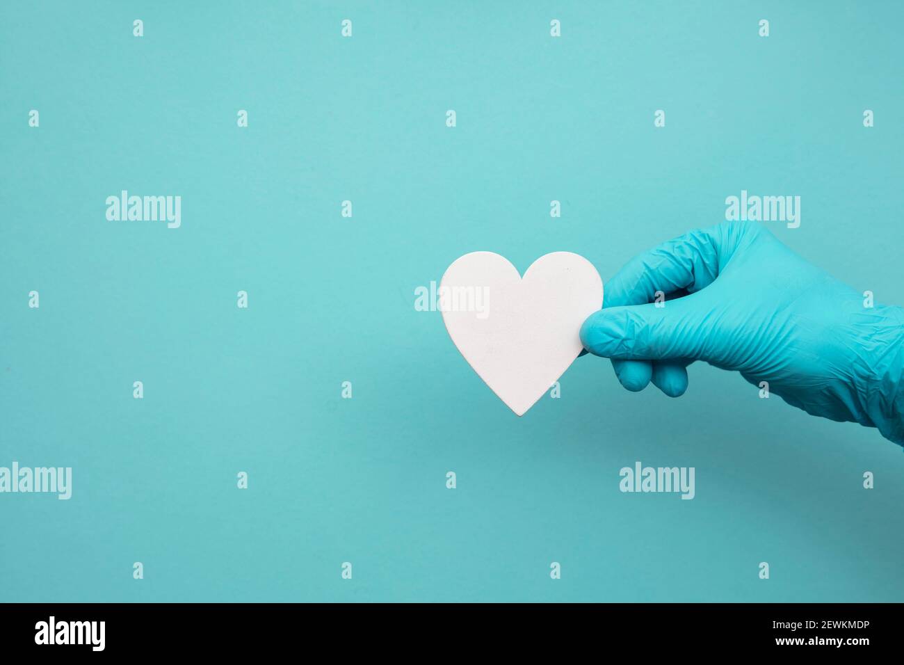 Doctors hands wearing blue surgical gloves holding a white heart shape ...