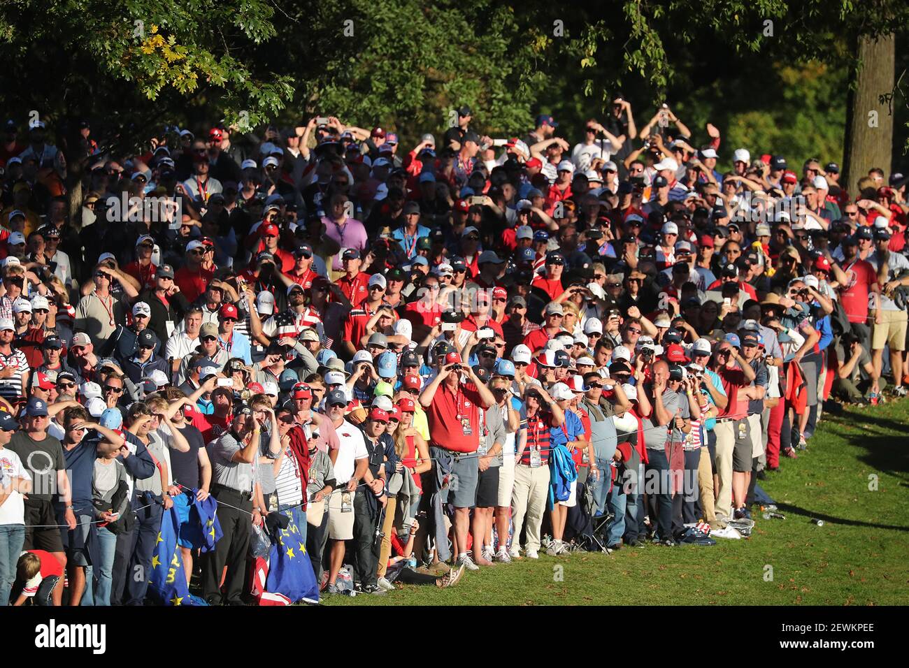 Fans crowd the 15th green during the Ryder Cup on Saturday, Oct. 1 ...