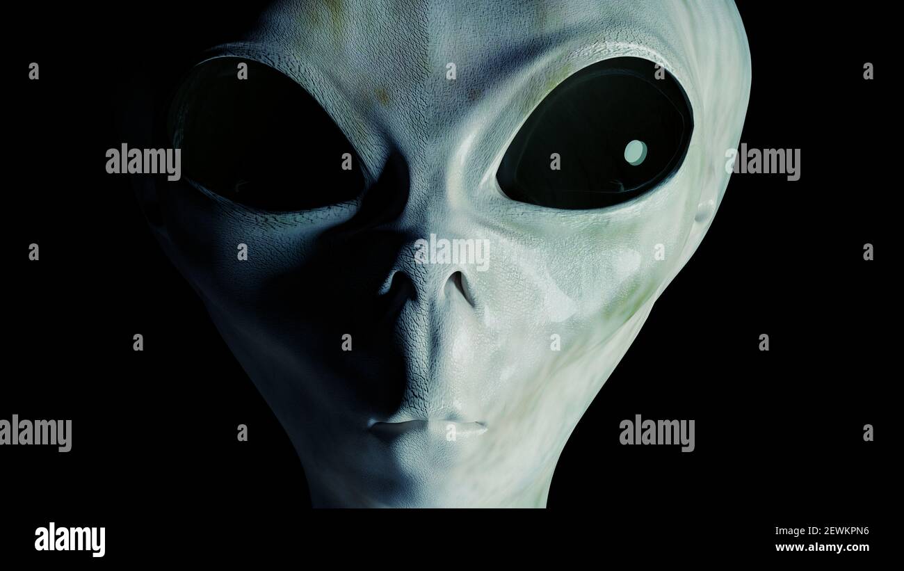 Spooky alien's face on black background. 3D rendered illustration Stock ...