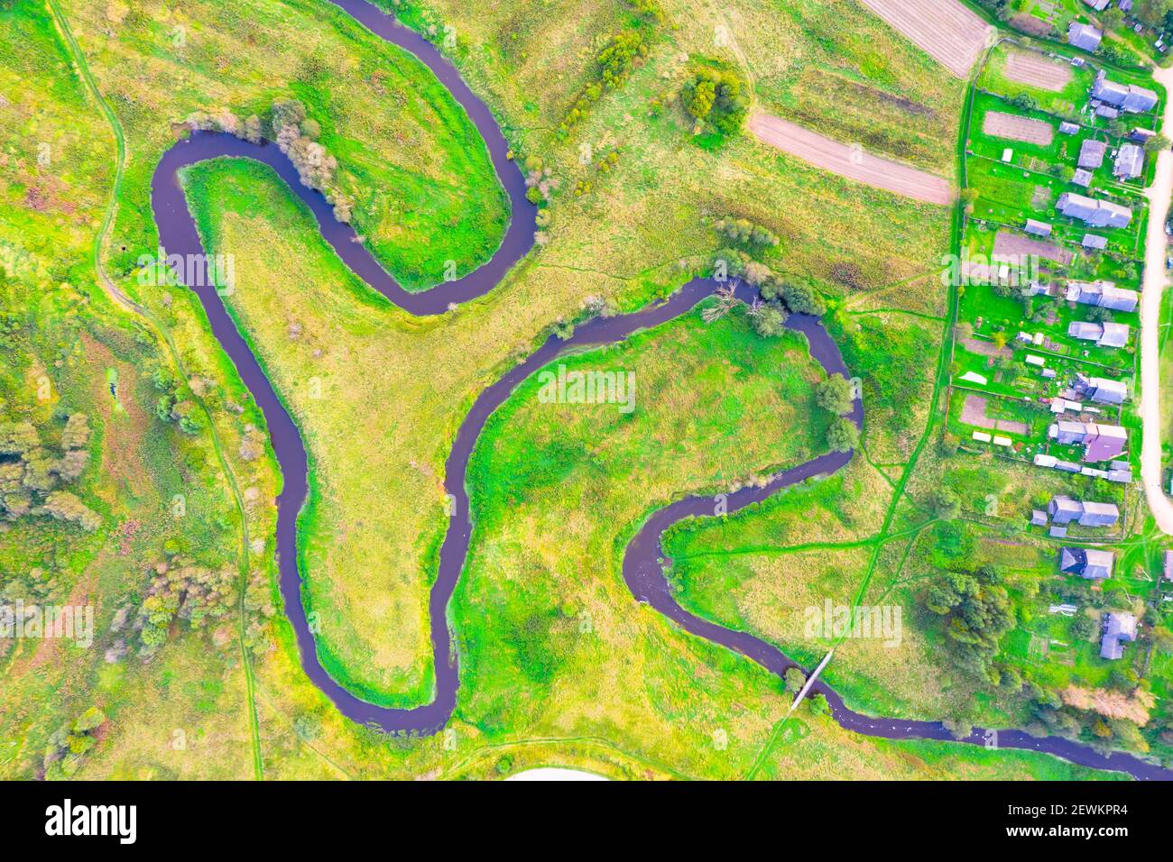 Aerial view of the rural landscape from above - rivers, fields, forests ...