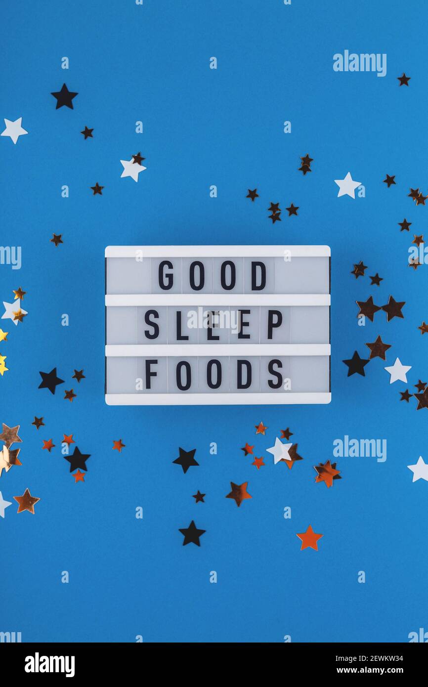 Good sleep food - inscription on the decorative panel on a blue ...