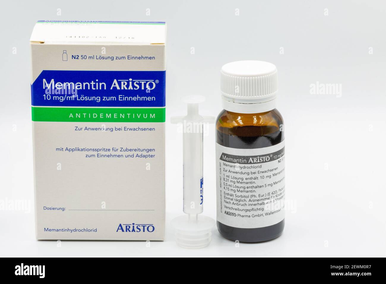 KYIV, UKRAINE - DECEMBER 24, 2020: Studio shoot of package of Memantine ...