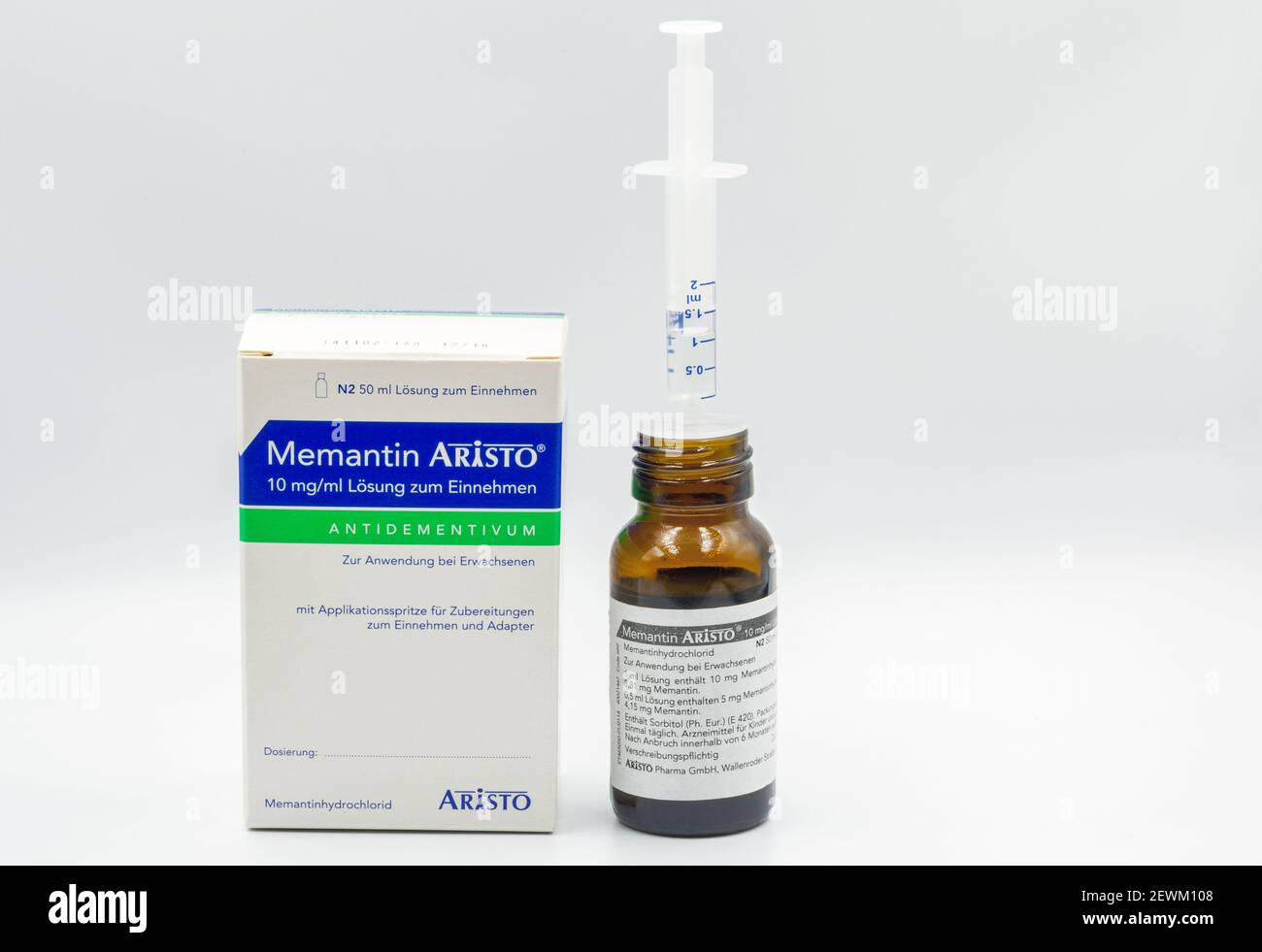 KYIV, UKRAINE - DECEMBER 24, 2020: Studio shoot of package of Memantine ...