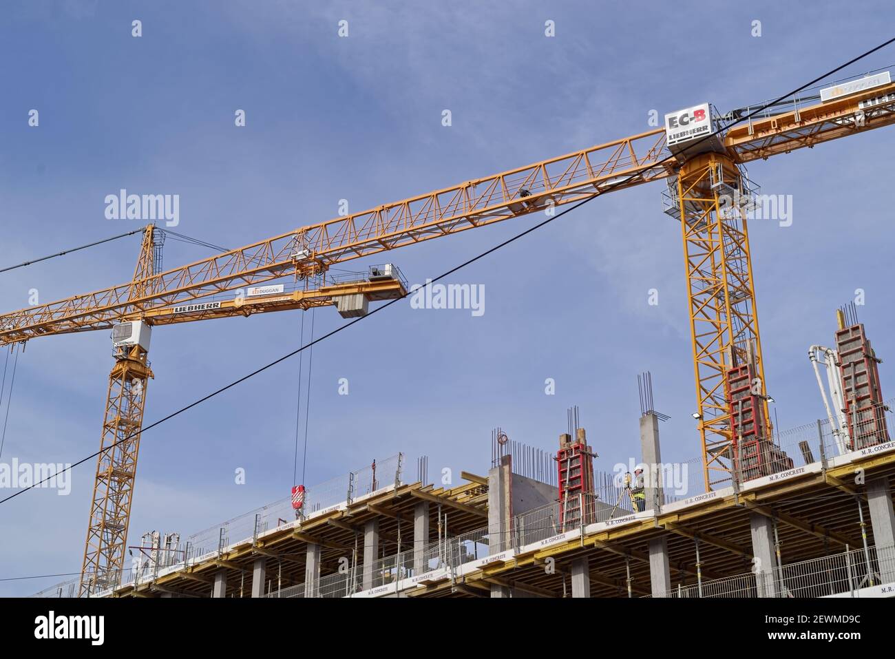 DUBLIN, IRELAND - Mar 05, 2020: A building construction site with tower ...