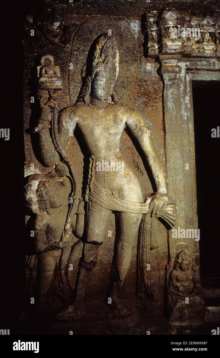 Cave 2 shrine, Dwarpala on left, Early Kalachuri Dynasty, Circa 550-600 ...