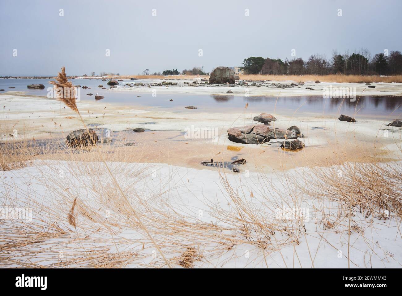 Snow covered seashore on cold spring morning Stock Photo - Alamy