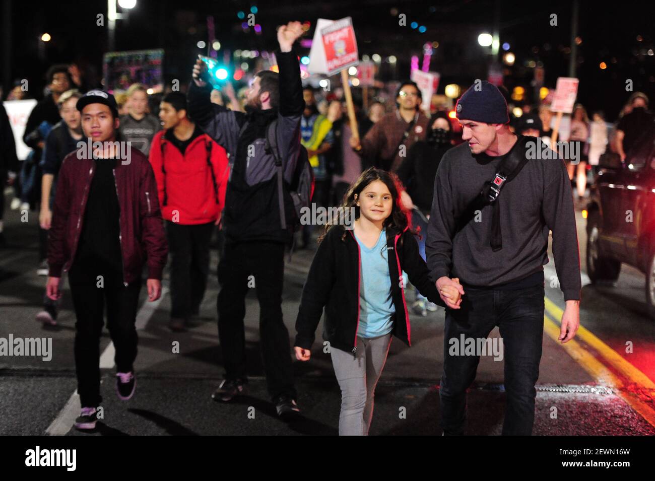 Protesters marched through Seattle, Wash., on November 9, 2016, after ...