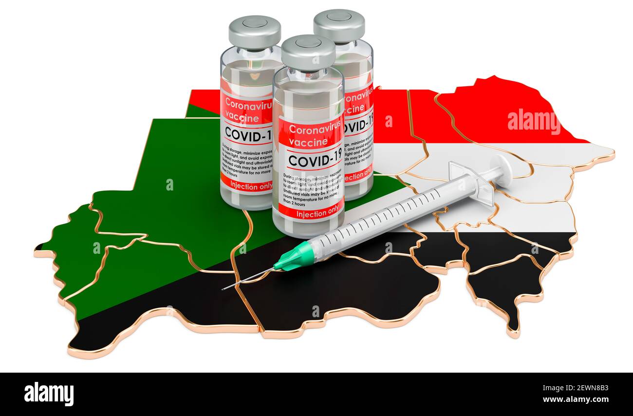 Vaccine and syringe with Sudanese map. Vaccination in Sudan concept, 3D ...