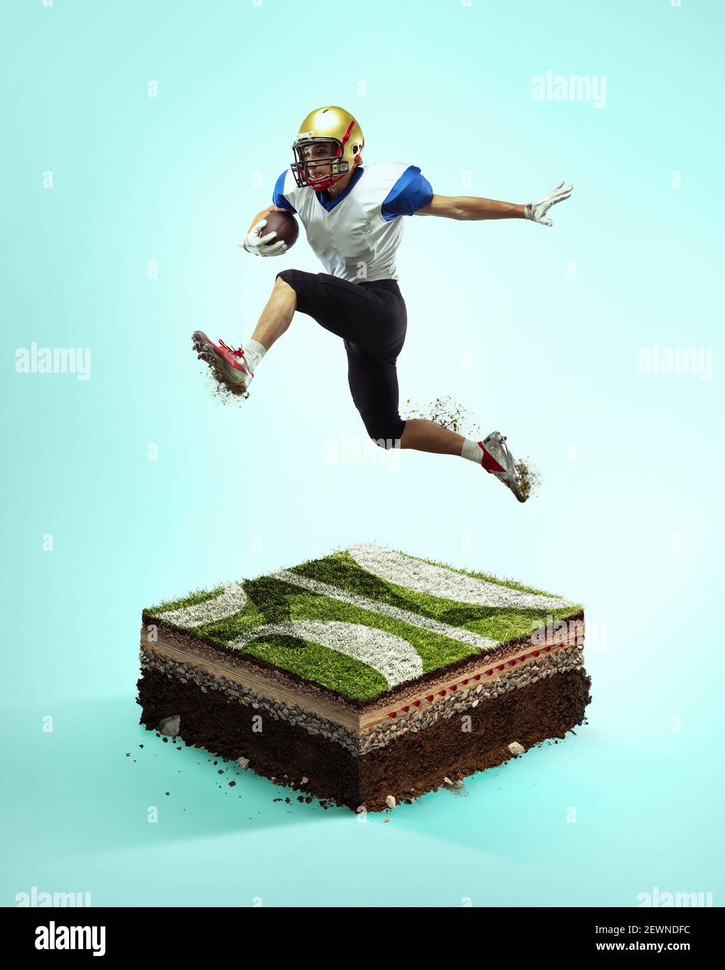 Flying. American football player on blue background above stadium ...