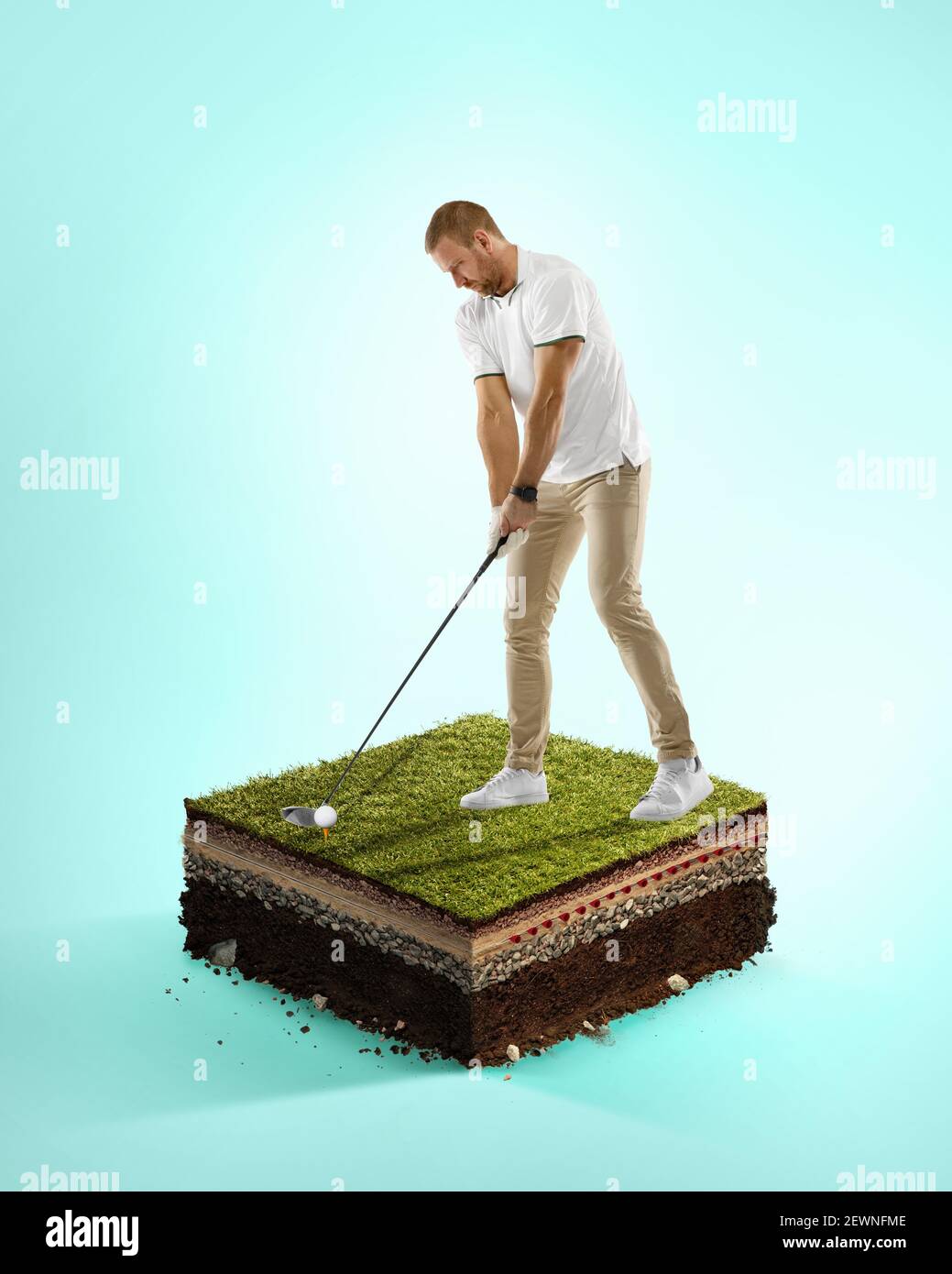 Composed. Golf sportsman playing on blue background above stadium ...