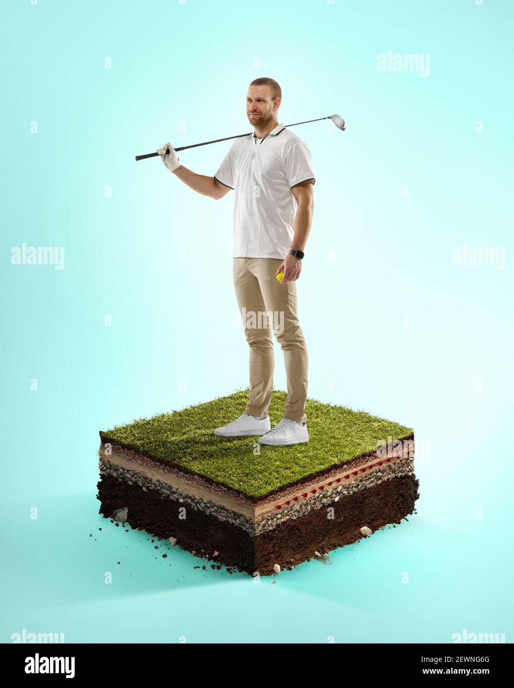 Leader. Golf sportsman playing on blue background above stadium layers ...