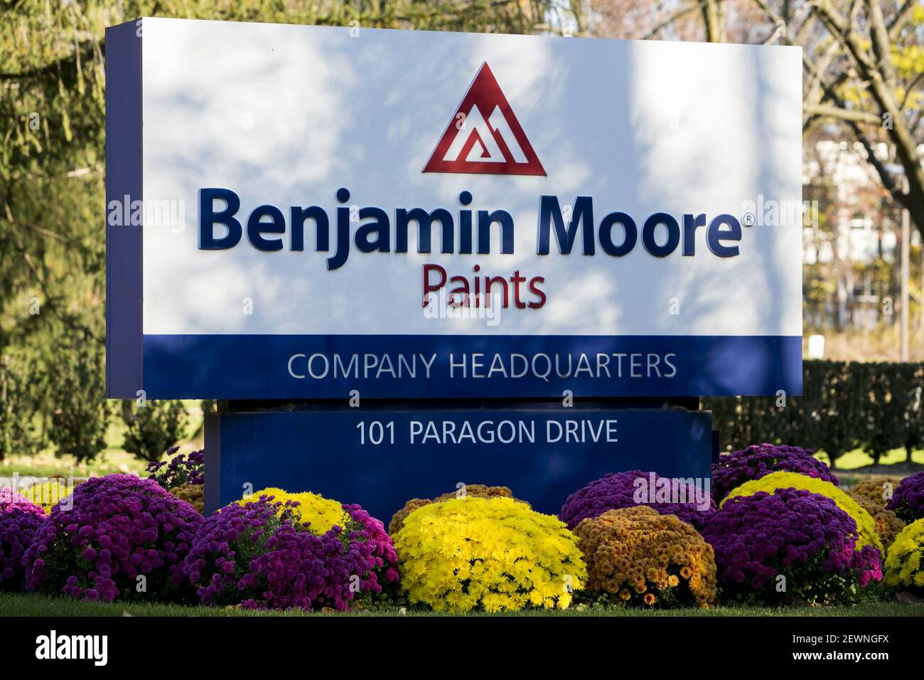 A logo sign outside of the headquarters of Benjamin Moore Paints in ...