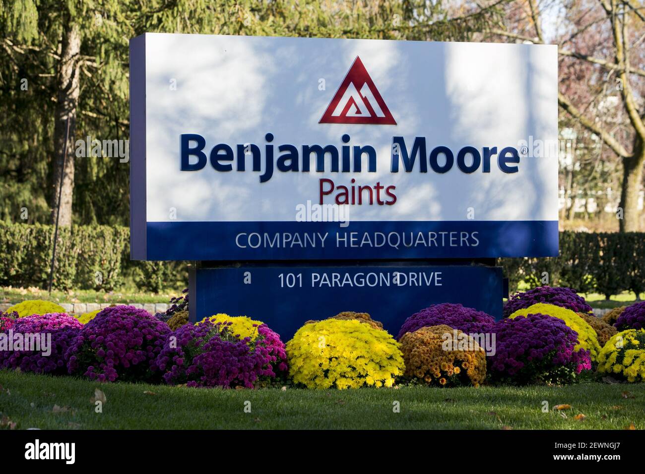 A logo sign outside of the headquarters of Benjamin Moore Paints in ...