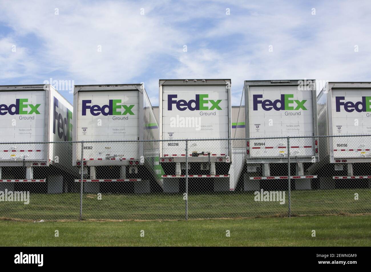 FedEx Ground logos on truck trailers lined up at a facility in Dayton ...