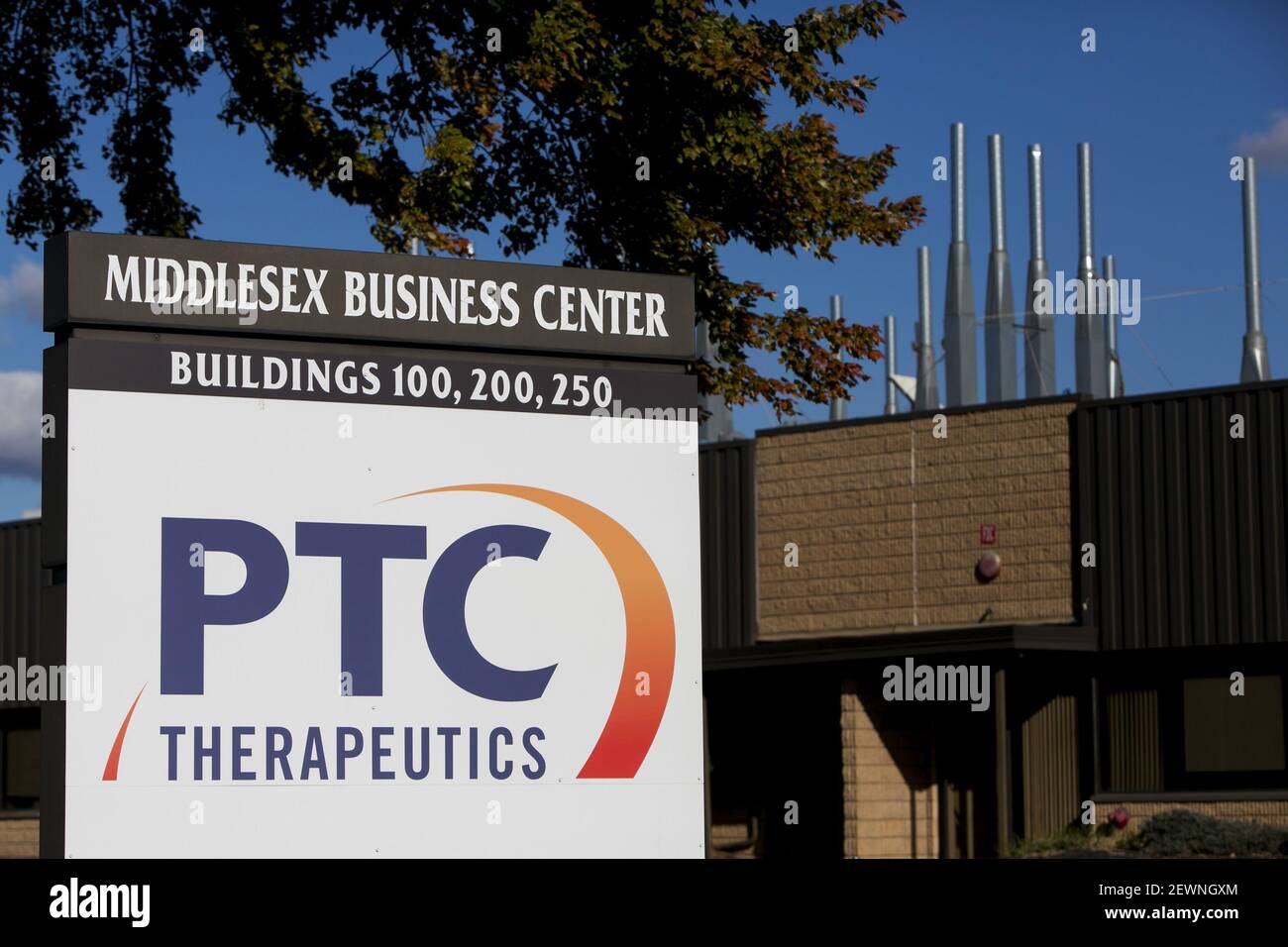 A logo sign outside of the headquarters of PTC Therapeutics in South ...