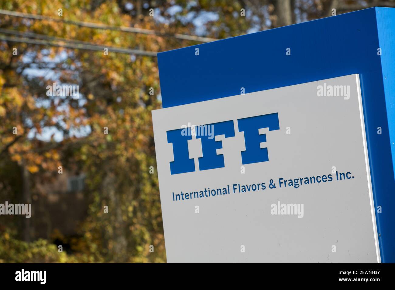 A logo sign outside of a facility occupied by International Flavors ...