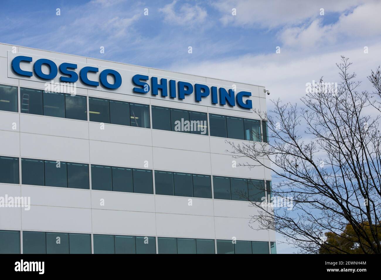 A logo sign outside of a facility occupied by the China Ocean Shipping ...