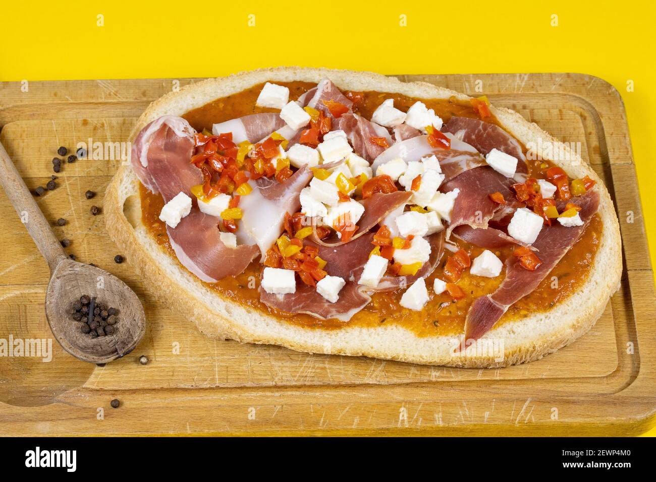 toast of bread with raw ham Stock Photo - Alamy