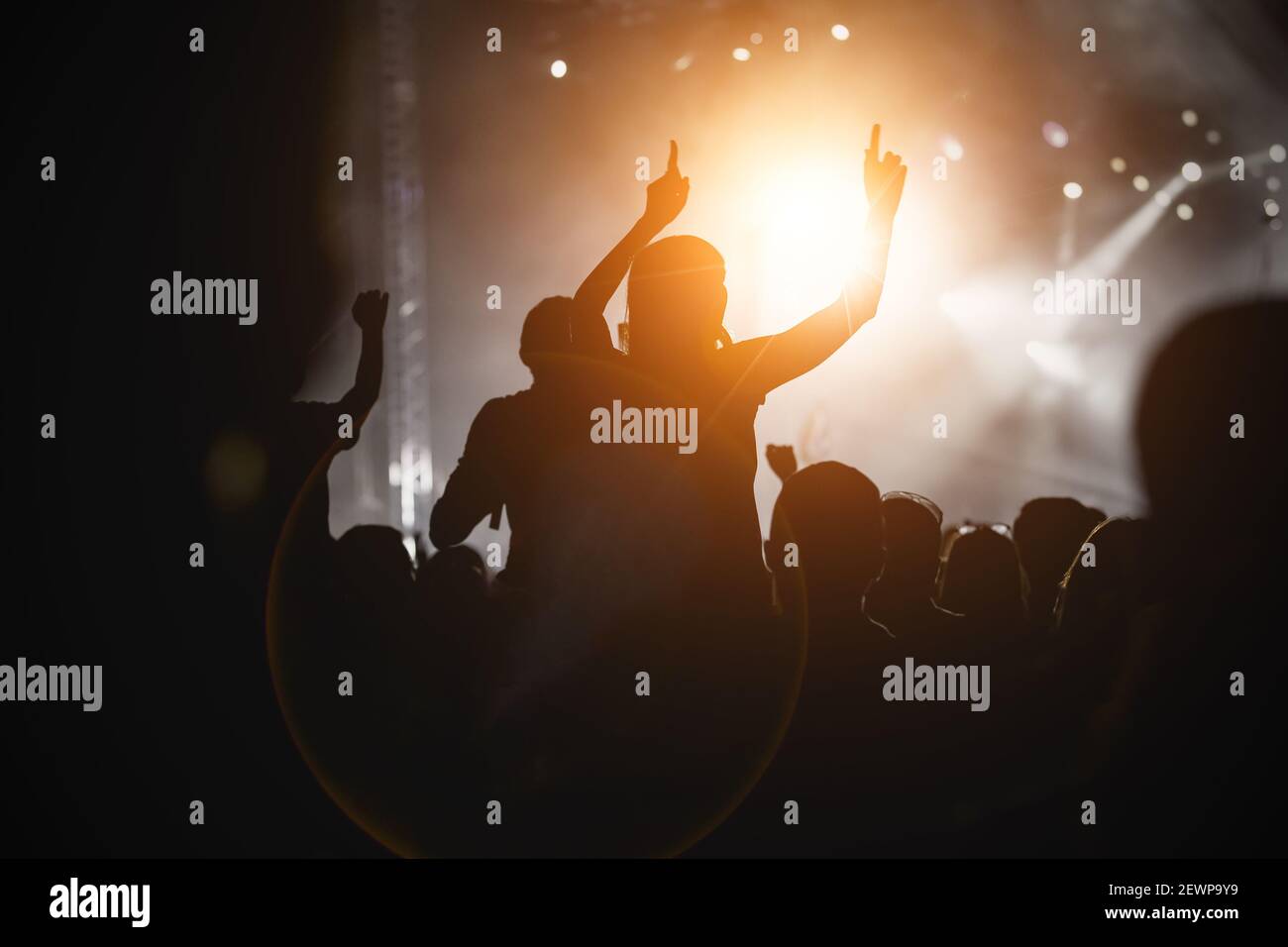 Raised hands in honor of a musical show on stage, People in the hall ...