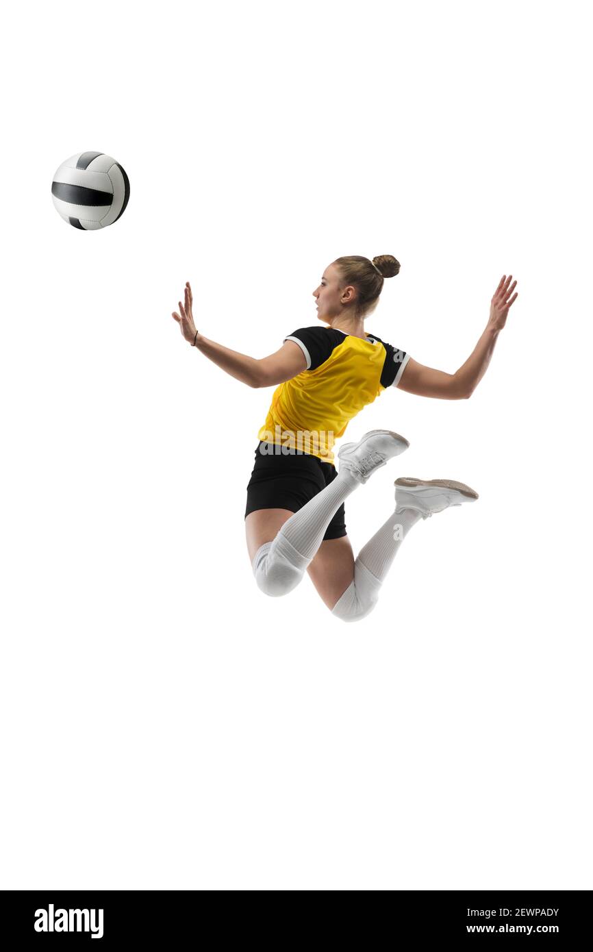 Flying. Young female volleyball player isolated on white studio ...