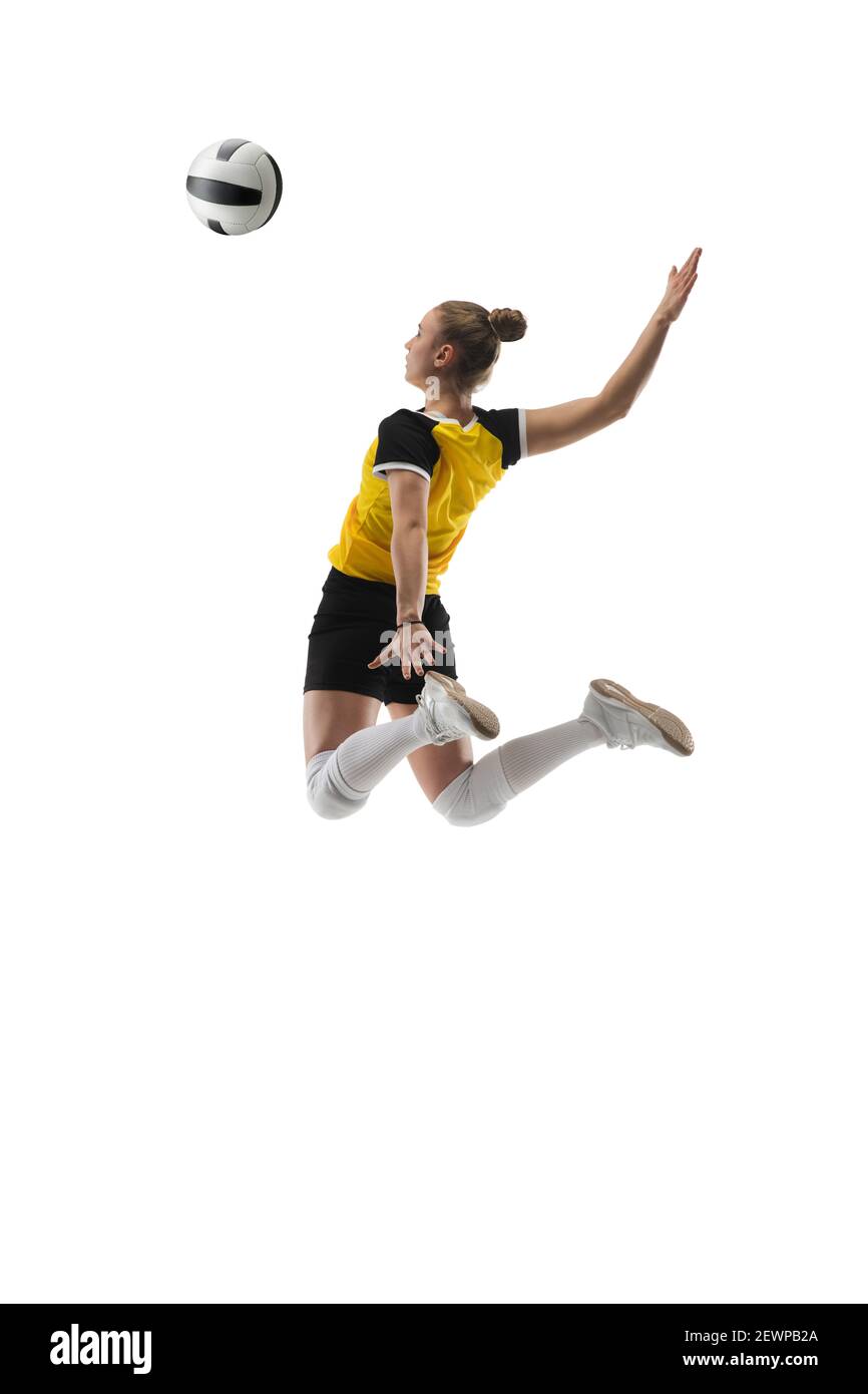 Flying. Young female volleyball player isolated on white studio ...