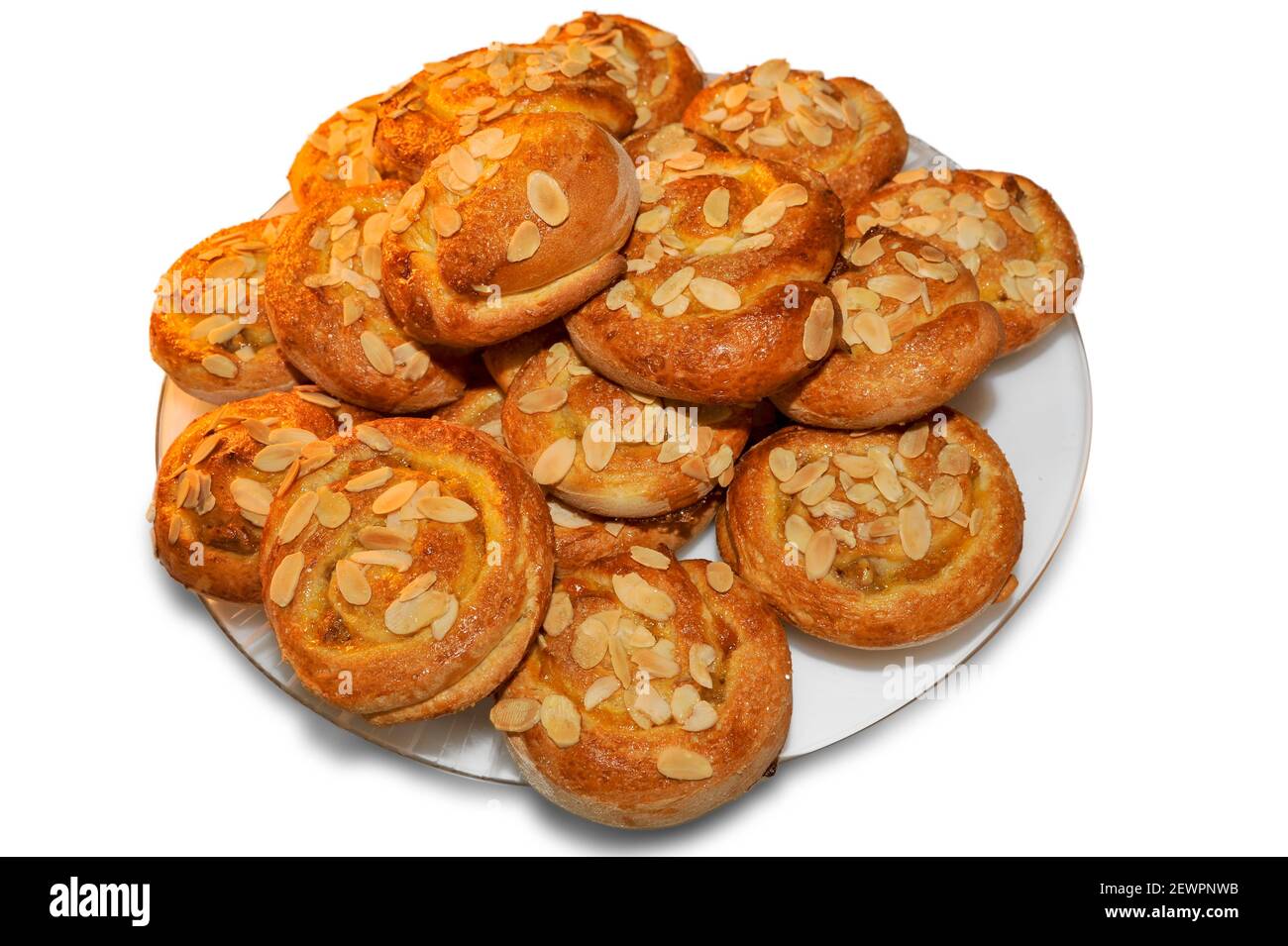 freshly baked almond rolls, round sweet bread isolated on white ...