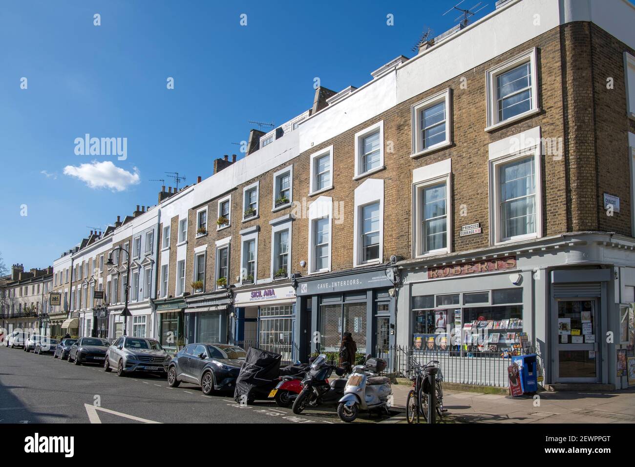 Shops and terraced houses Princess Terrace Primrose Hill London England ...