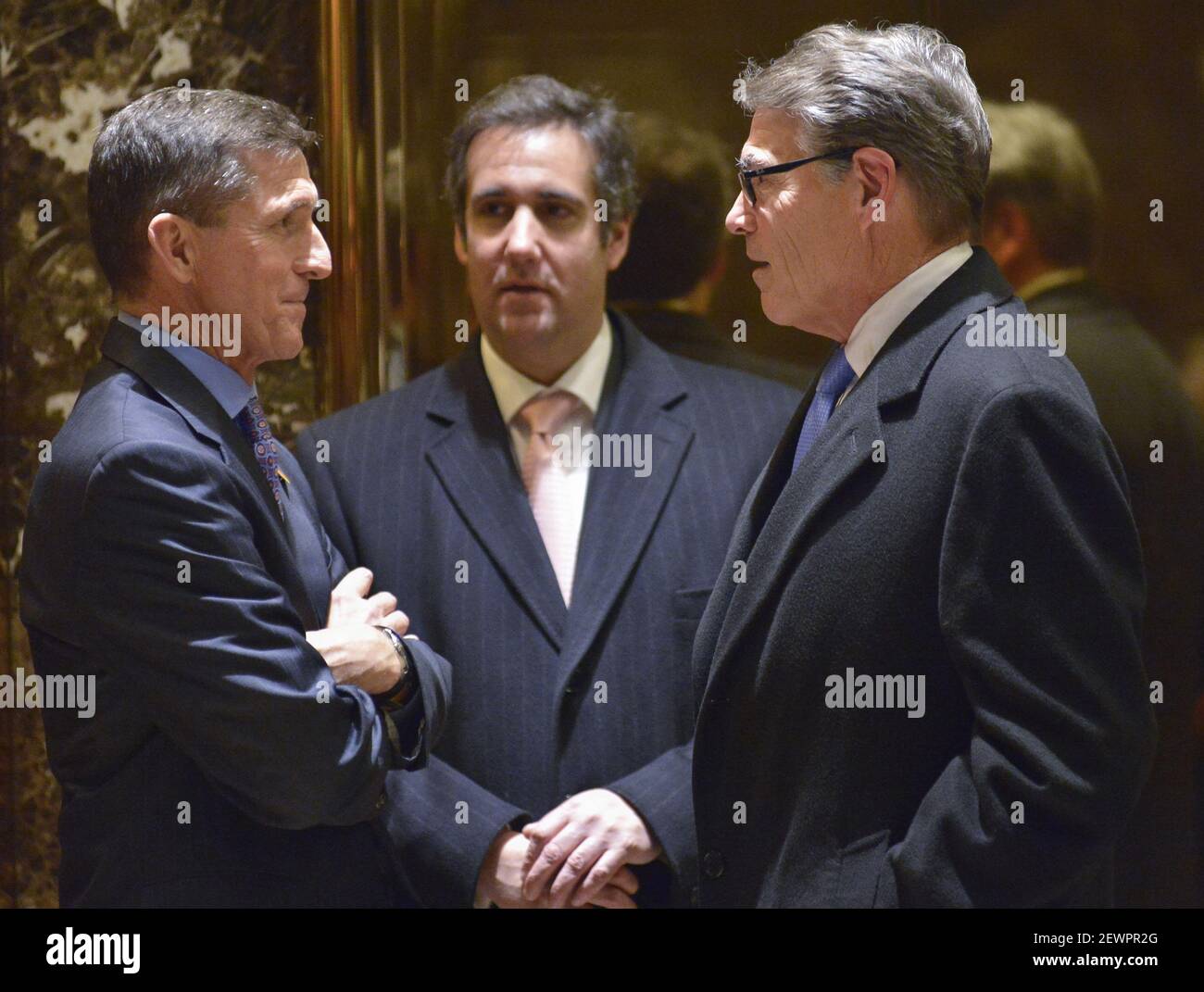 Former Texas Governor Rick Perry is seen in the lobby of Trump Tower in ...