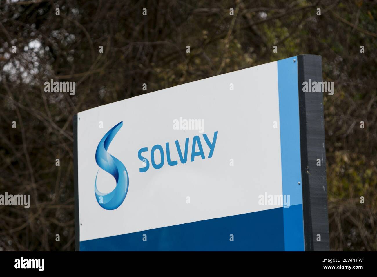 A logo sign outside of a facility occupied by Solvay in Havre De Grace ...