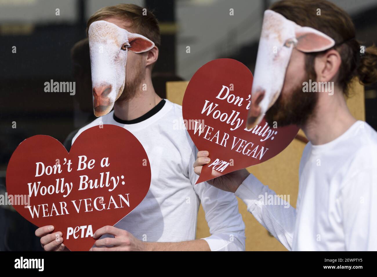 PETA activists wearing sheep masks during an anti-wool campaign in Los ...
