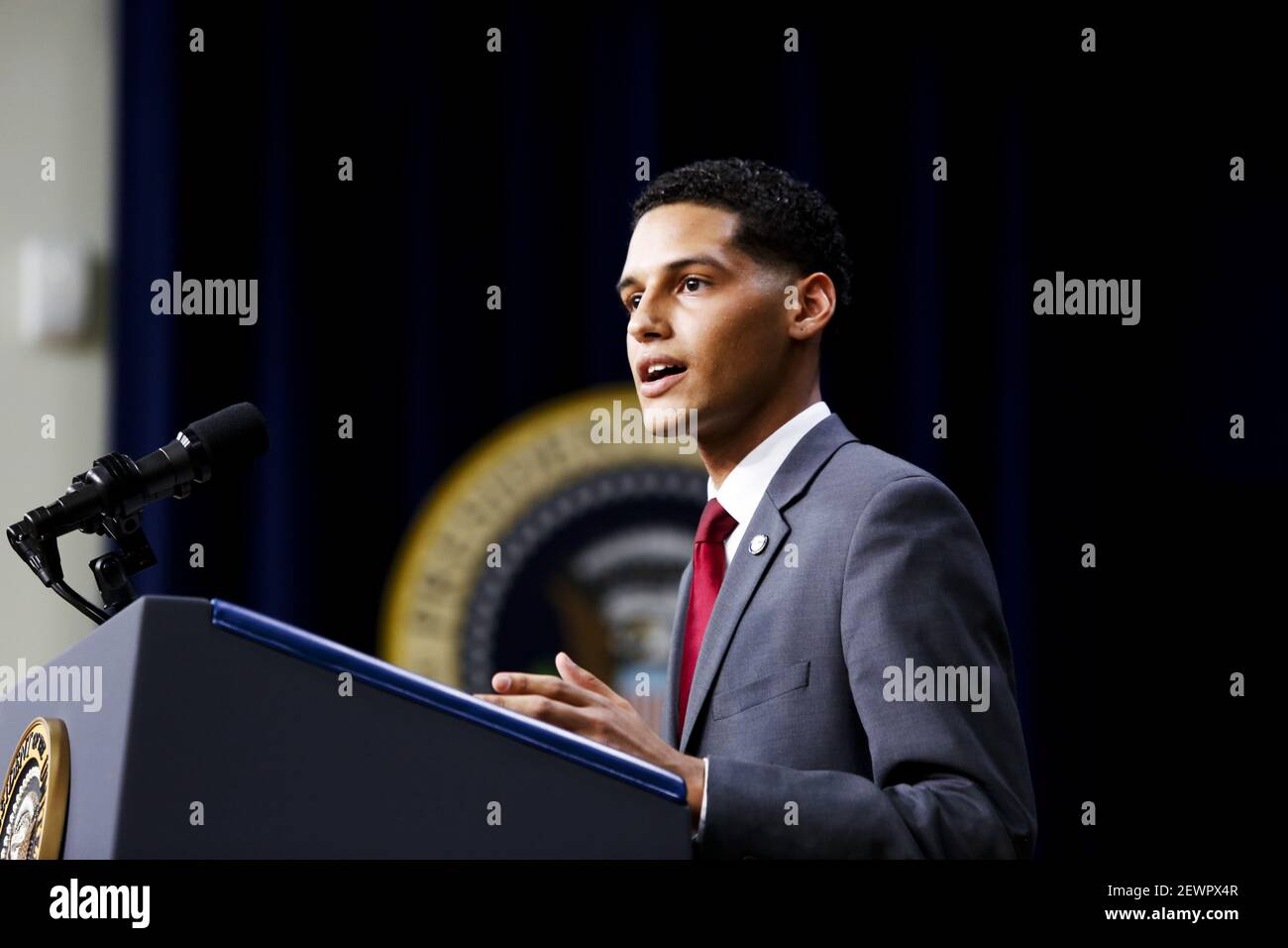 Malachi Hernandez introduces US President Barack Obama during the annual My Brother's Keeper ...