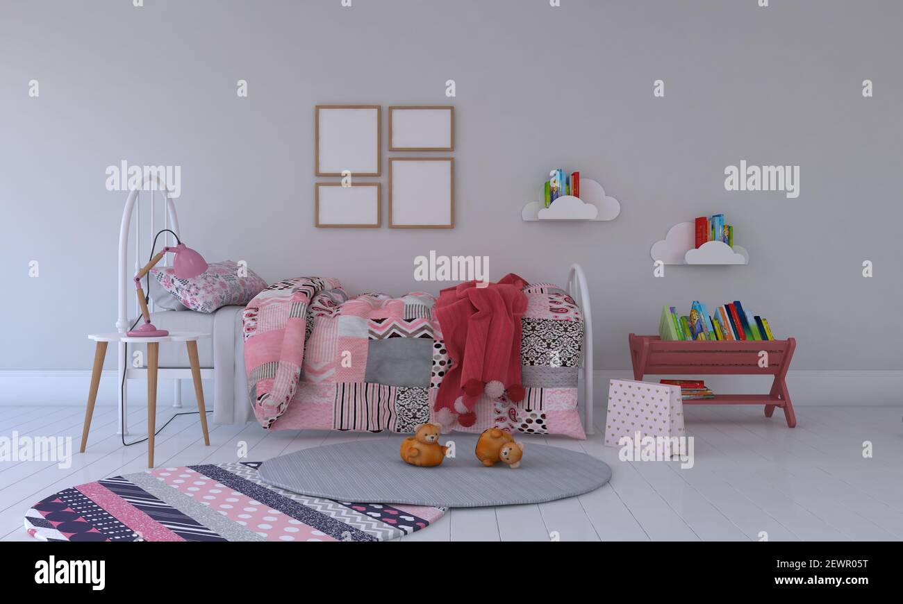 A 3D rendering illustration of a kids bedroom or nursery with empty ...