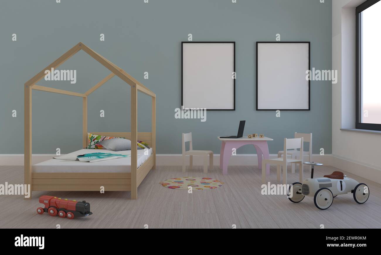 A 3D rendering illustration of a kids bedroom or nursery with empty ...