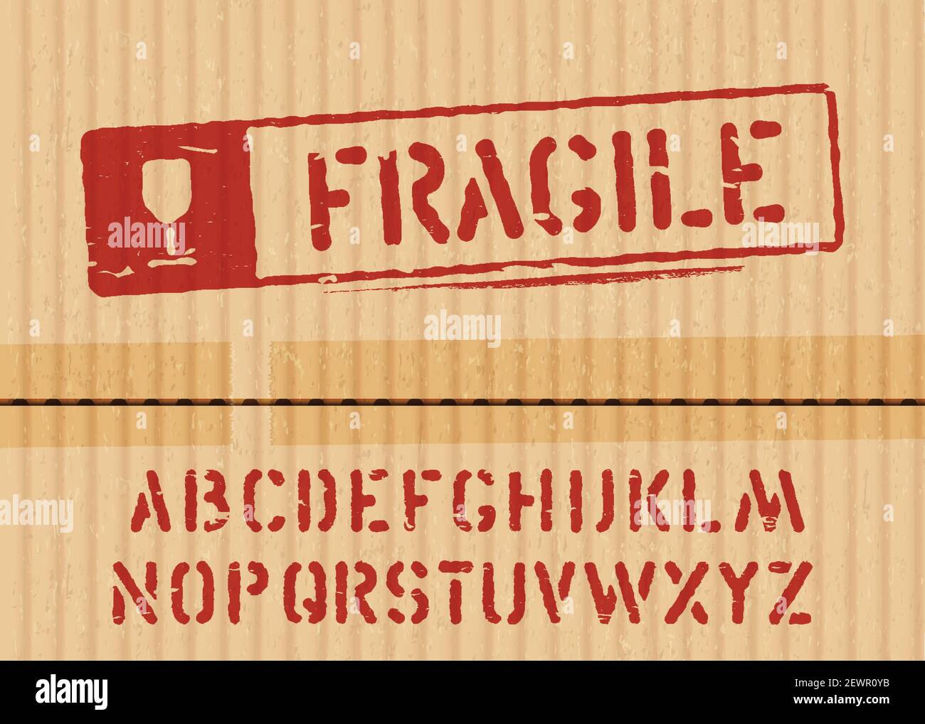 Fragile vector sign on cargo cardboard box background with font for ...