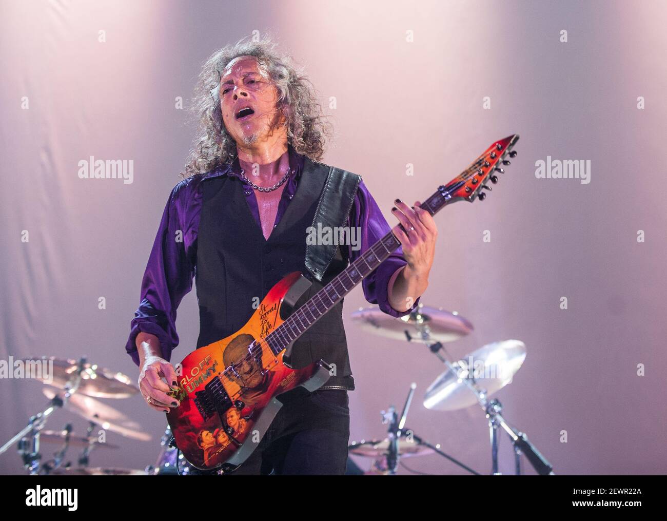 Musician Kirk Hammett of the band Metallica performs at the Fox Theater ...