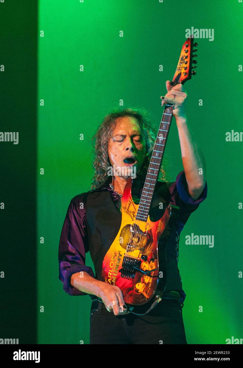 Musician Kirk Hammett of the band Metallica performs at the Fox Theater ...