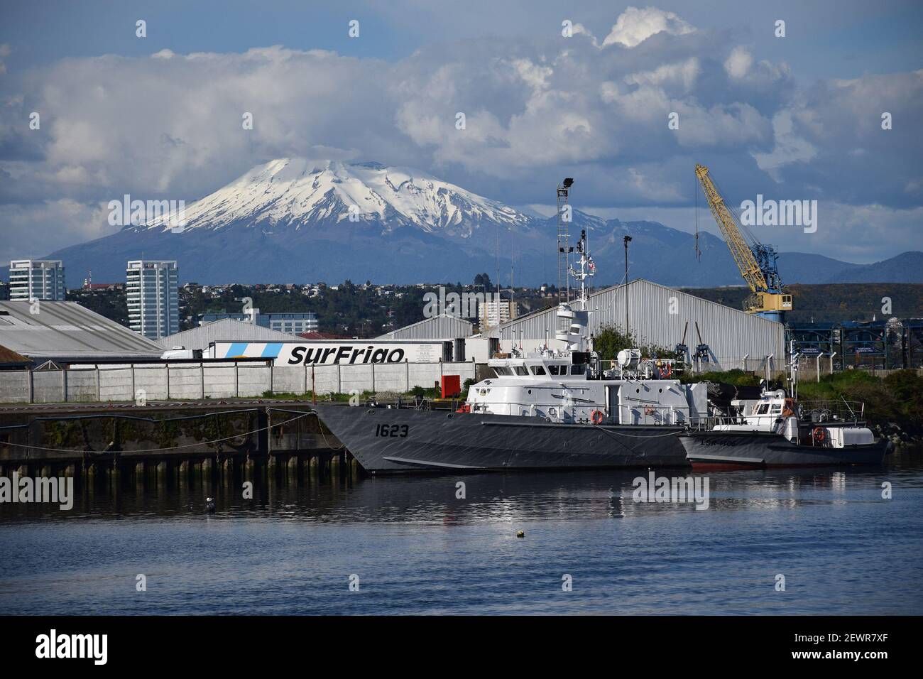 The Calbuco Volcano is a familiar backdrop in Puerto Montt's harbor ...