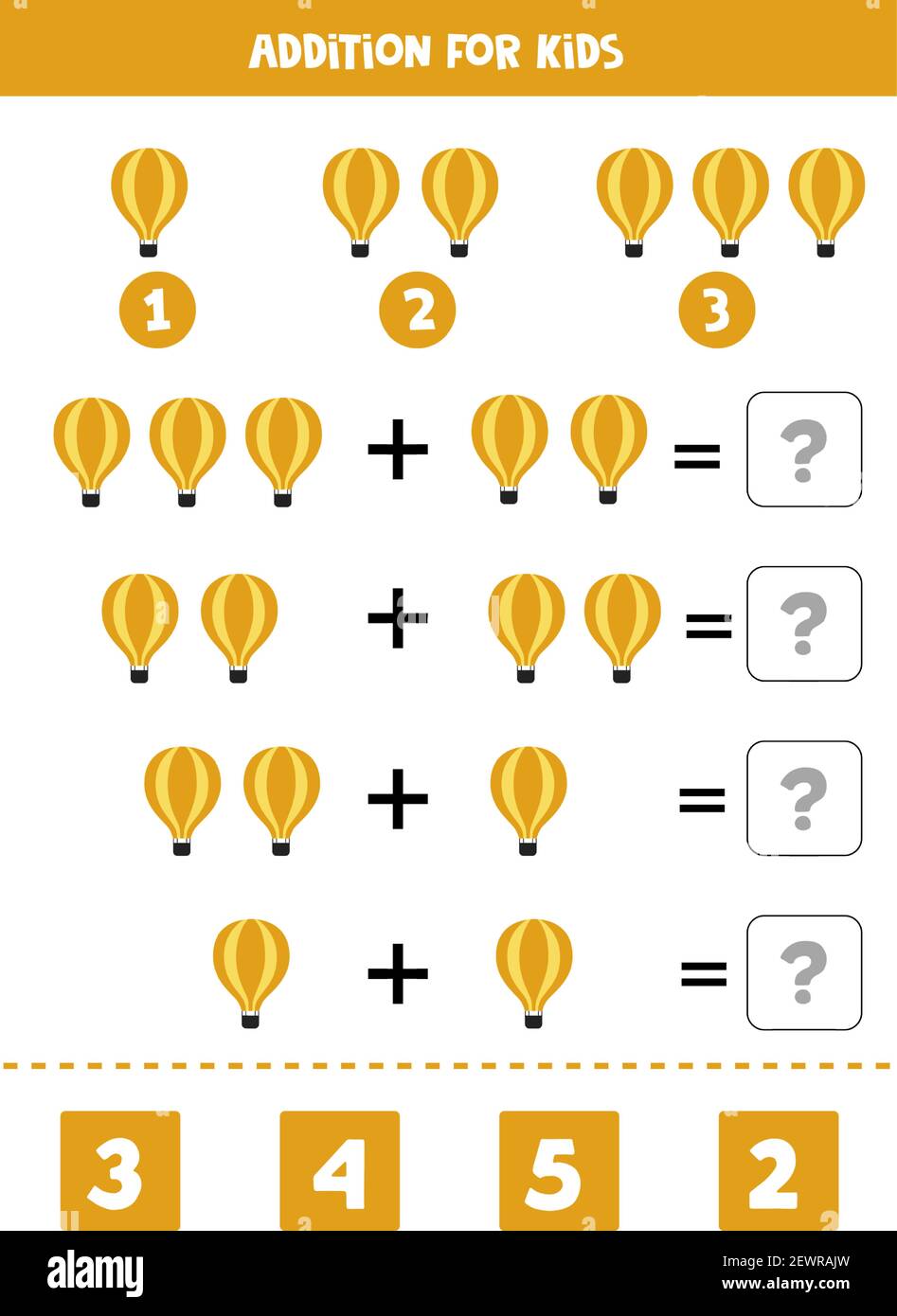 Addition game with cartoon hot air balloon. Math game for kids Stock ...