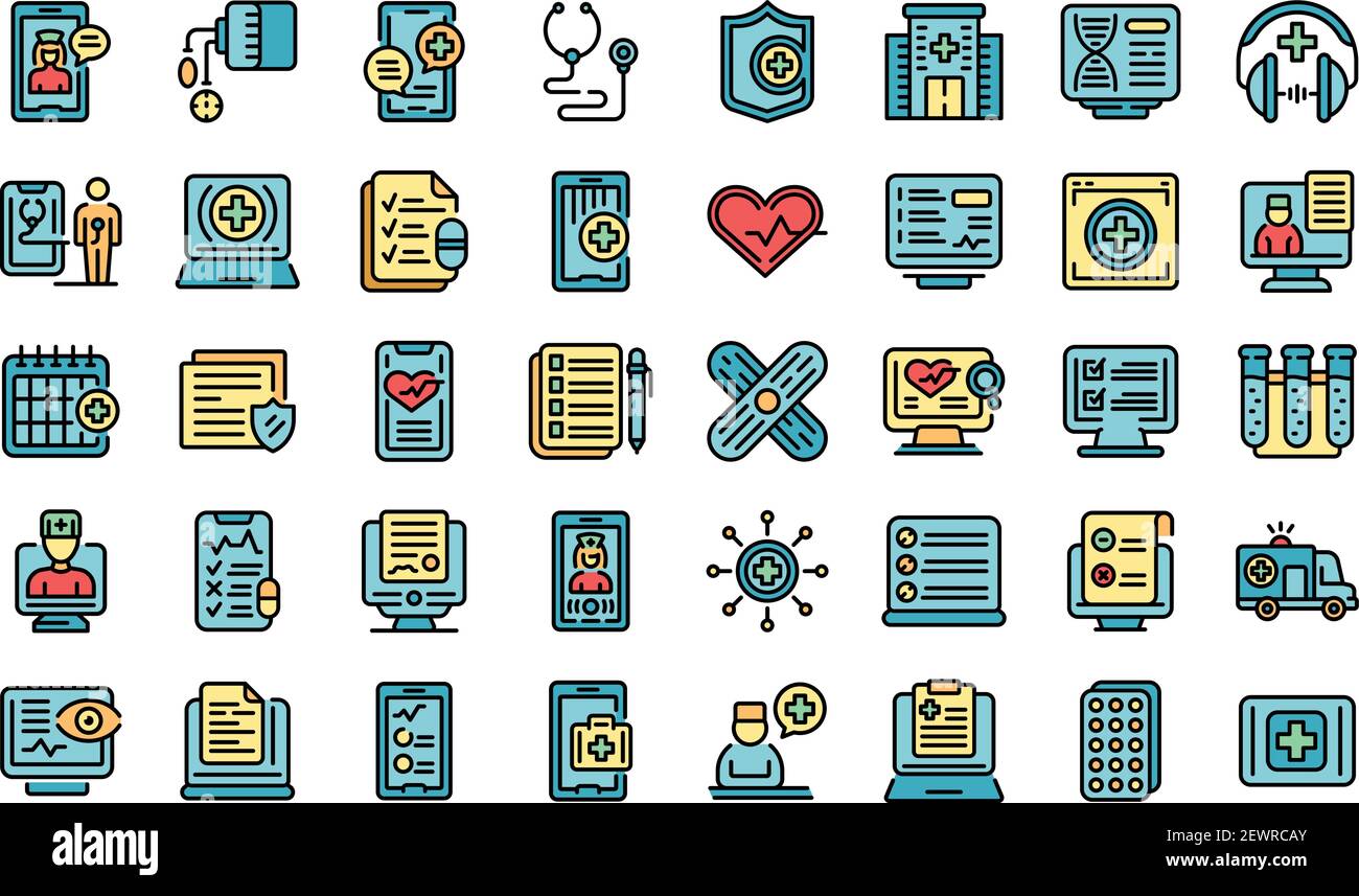 Online medical consultation icons set. Outline set of online medical ...