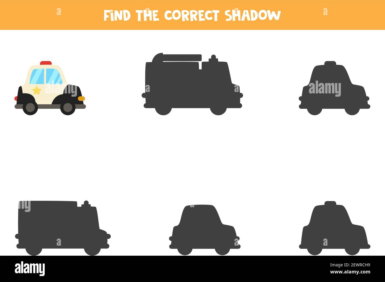 Find shadow of cartoon police car. Educational logical game for kids ...