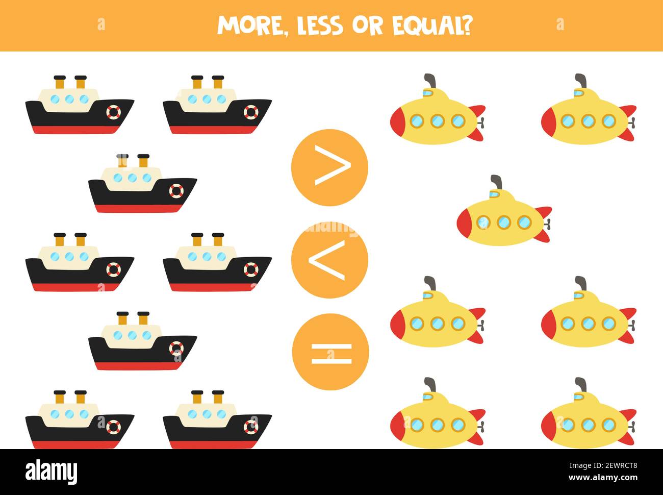 More, less, equal with cartoon ship and submarine. Math game Stock ...