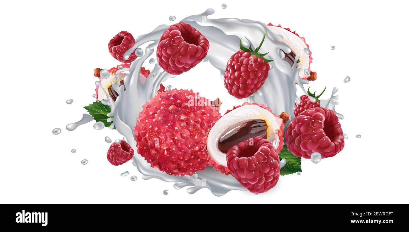 Lychee and raspberries and a splash of milk or yogurt Stock Photo - Alamy