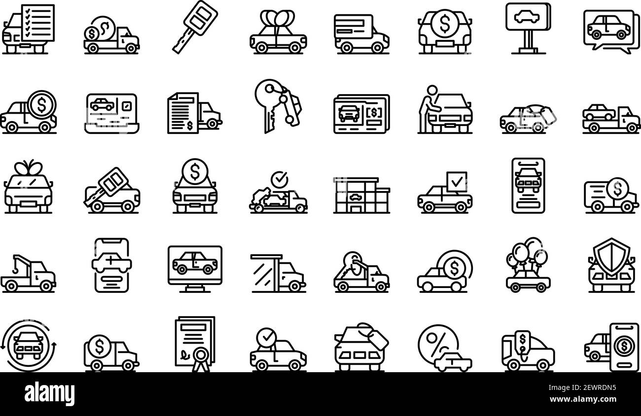 Buying car icons set. Outline set of buying car vector icons for web ...