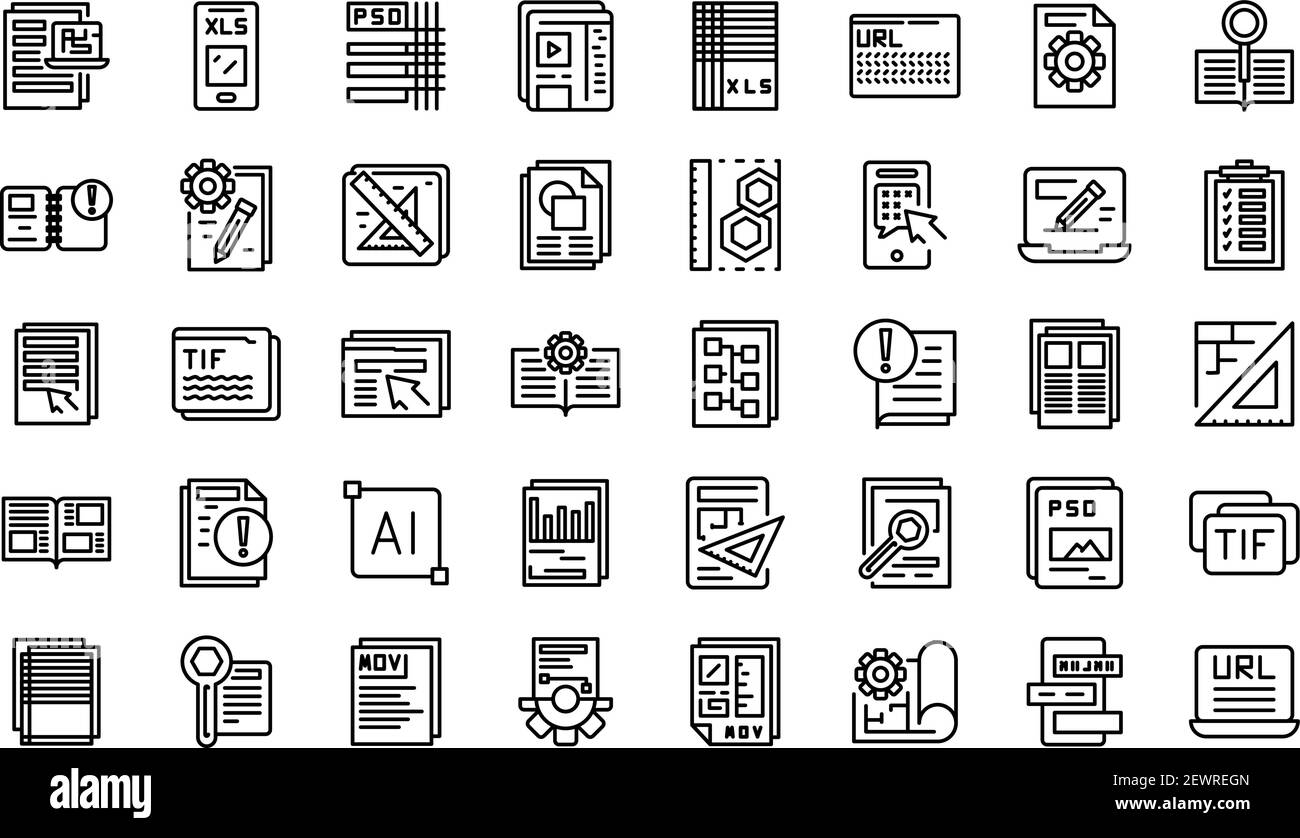 Technical document icons set. Outline set of technical document vector ...