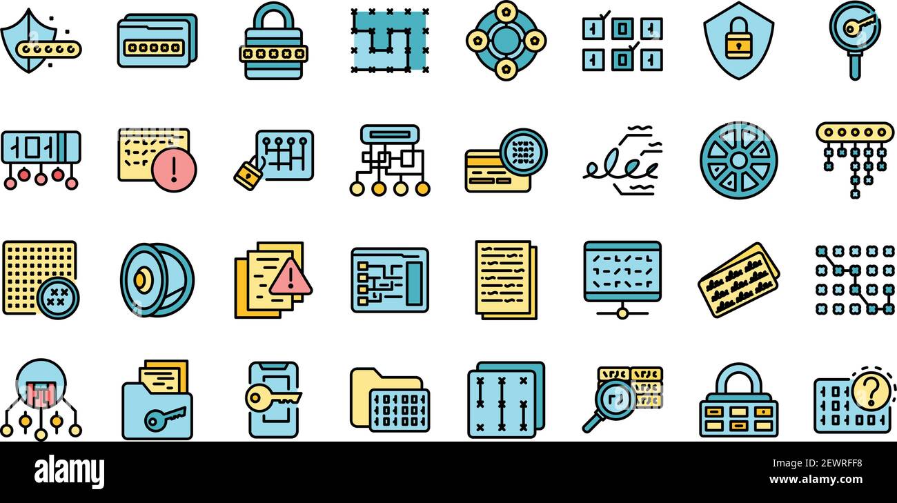 Cipher icons set. Outline set of cipher vector icons thin line color ...