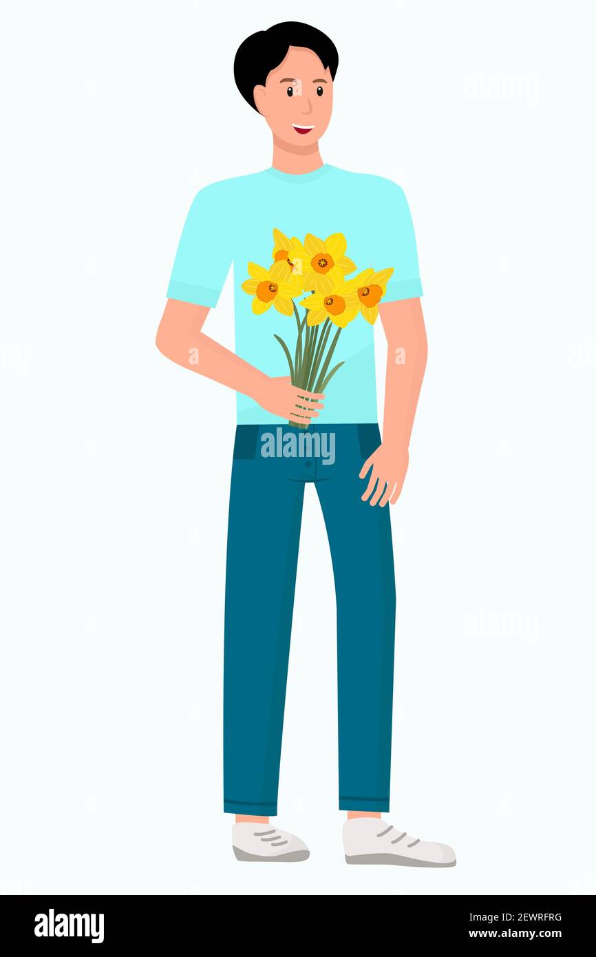 Guy with a bouquet of flowers. A man with yellow flowers in his hand ...