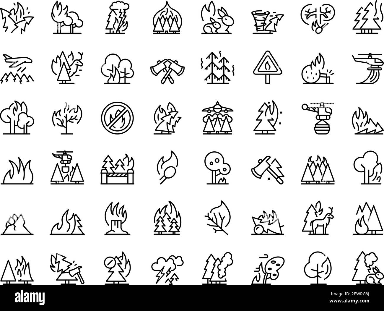 Burning forest icons set. Outline set of burning forest vector icons ...