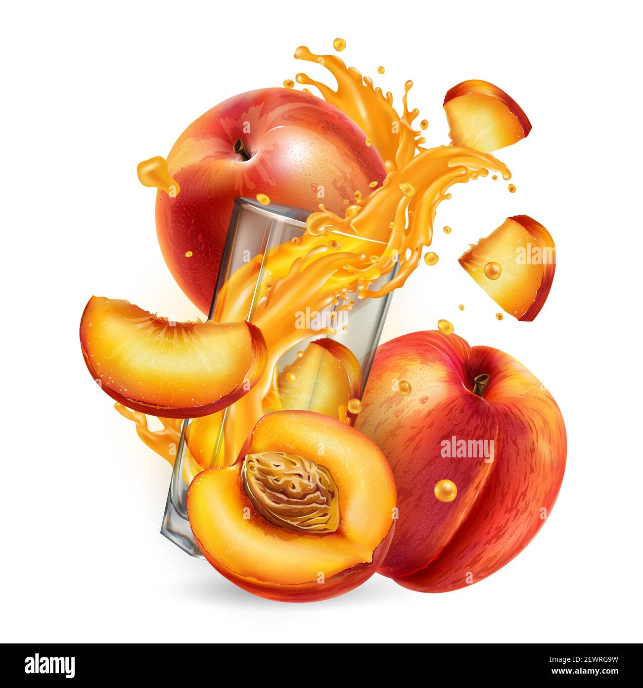 Fresh peaches and splashing juice in a glass Stock Photo - Alamy